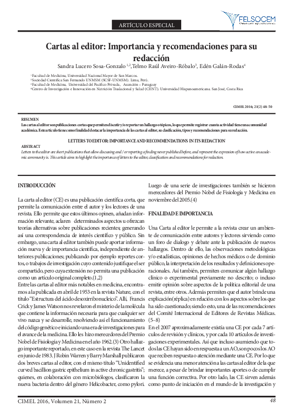(PDF) Cartas Al Editor: Importancia y Recomendaciones Para Su Redacción