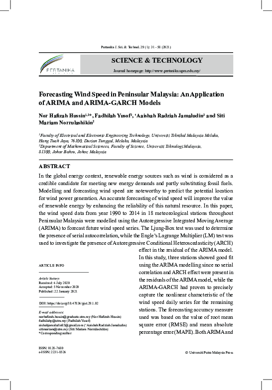 Pdf Forecasting Wind Speed In Peninsular Malaysia An Application Of Arima And Arima Garch Models
