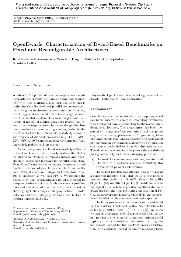 Pdf Opendwarfs Characterization Of Dwarf Based Benchmarks On Fixed And Reconfigurable