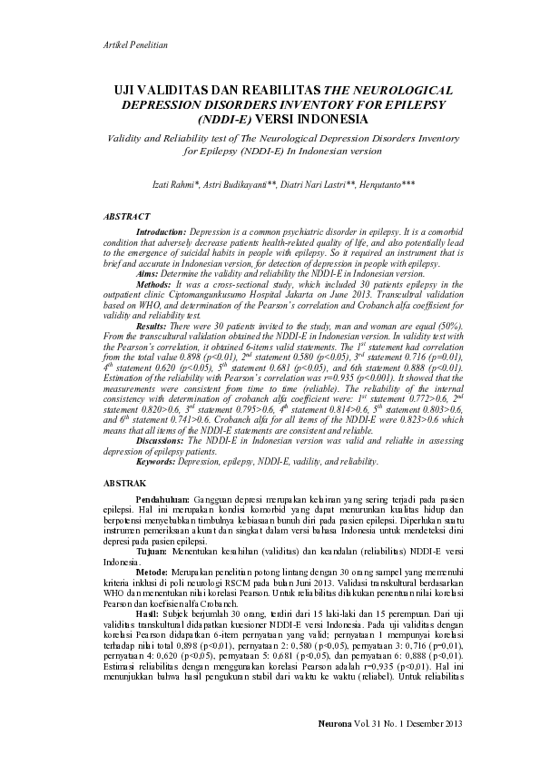 (PDF) Uji Validitas Dan Reabilitas the Neurological Depression ...
