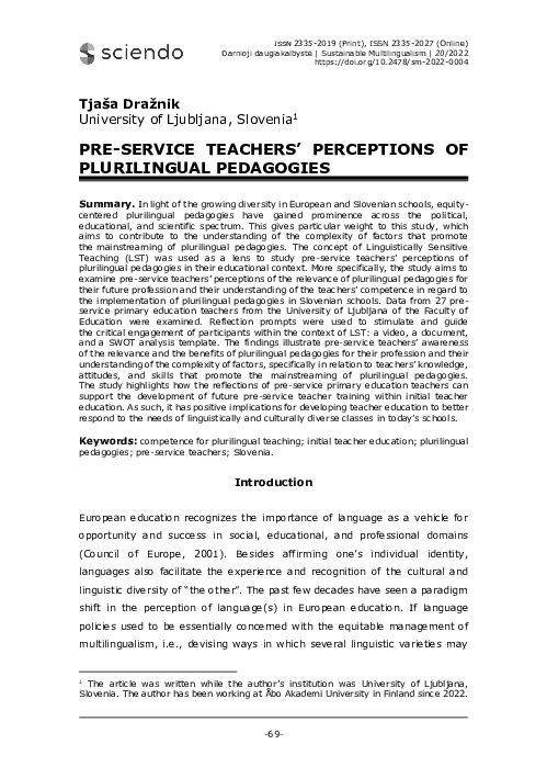 (PDF) Pre-Service Teachers’ Perceptions of Plurilingual Pedagogies