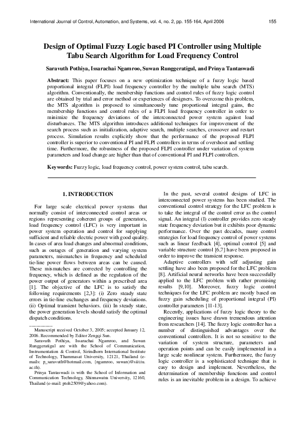 (PDF) for Load Frequency … 155 Design of Optimal Fuzzy Logic based PI Controller using Multiple ...