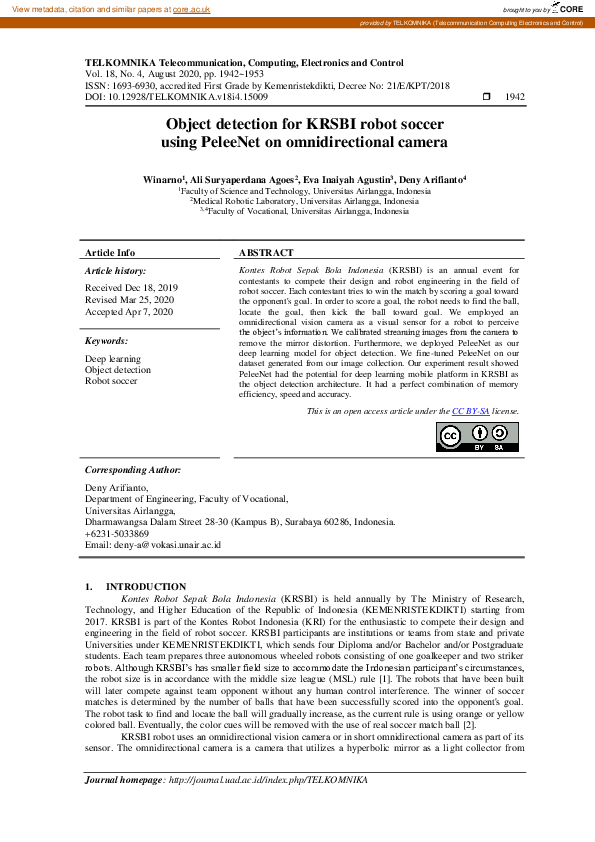 Pdf Object Detection For Krsbi Robot Soccer Using Peleenet On