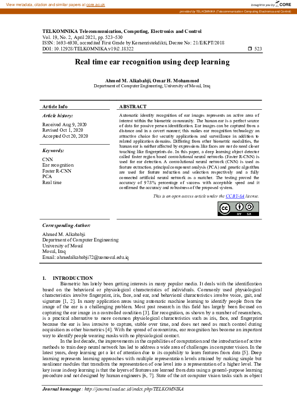 (PDF) Real time ear recognition using deep learning