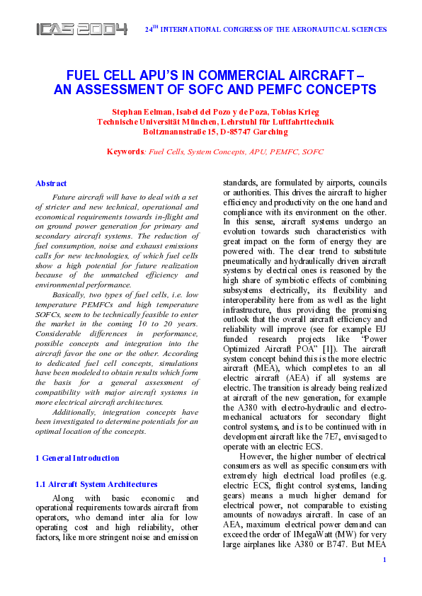 (PDF) Fuel Cell Apu’s in Commercial Aircraft – an Assessment of Sofc ...