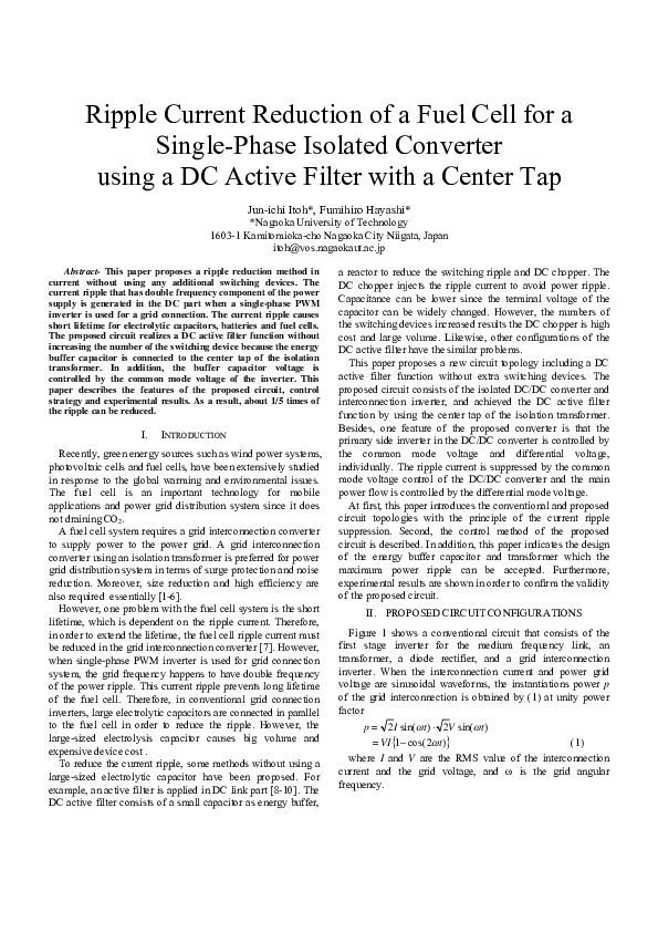 (PDF) Ripple Current Reduction of a Fuel Cell for a Single-Phase ...