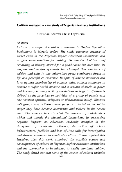 (PDF) Cultism menace: A case study of Nigerian tertiary institutions