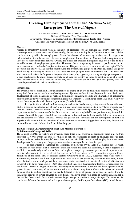 (PDF) Creating Employment via Small and Medium Scale Enterprises: The Case of Nigeria
