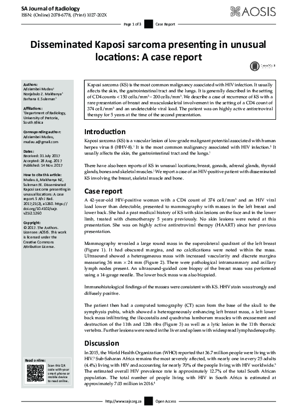 (PDF) Disseminated Kaposi sarcoma presenting in unusual locations: A case report