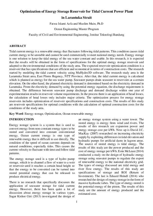 (PDF) Optimization of Energy Storage Reservoir for Tidal Current Power Plant in Larantuka Strait