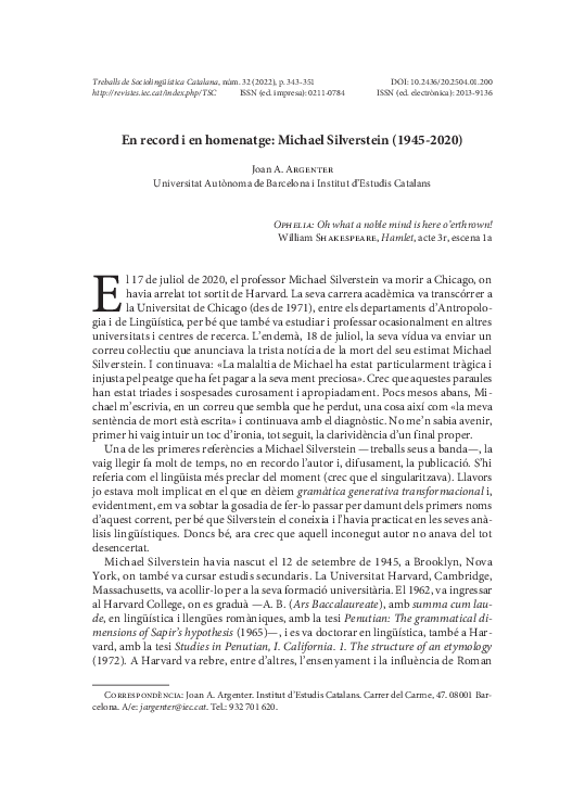 (PDF) En record i en homenatge: Michael Silverstein (1945-2020)