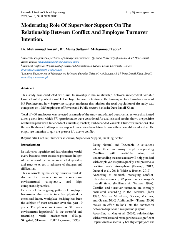 (PDF) Moderating Role Of Supervisor Support On The Relationship Between ...