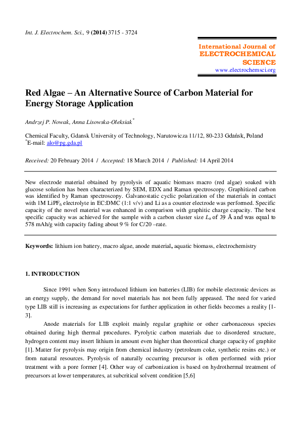 (PDF) Red Algae – An Alternative Source of Carbon Material for Energy Storage Application