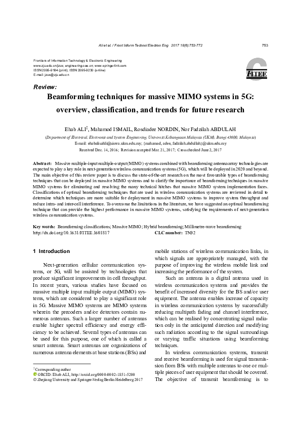 (PDF) Beamforming techniques for massive MIMO systems in 5G: overview, classification, and ...