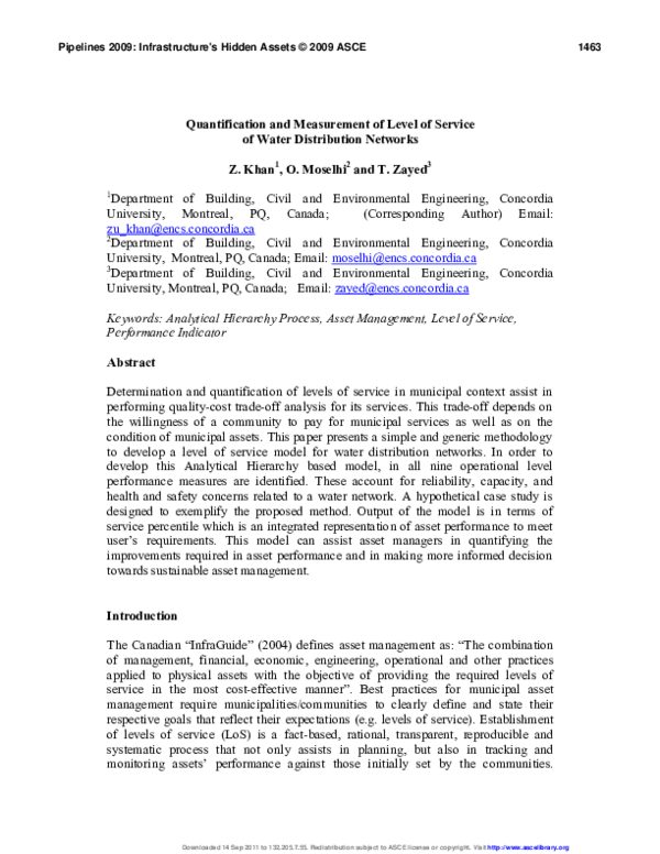 Pdf Quantification And Measurement Of Level Of Service Of Water Distribution Networks Osama
