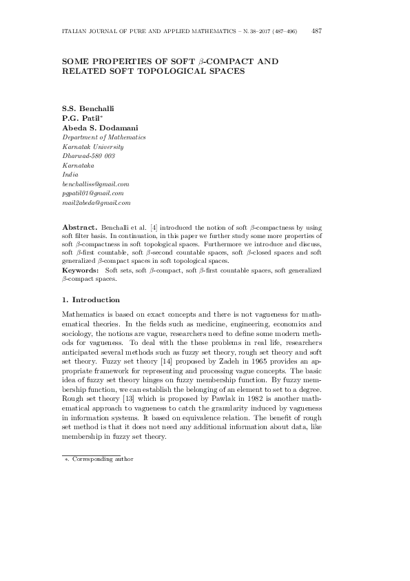 Pdf Some Properties Of Soft Β Compact And Related Soft Topological Spaces