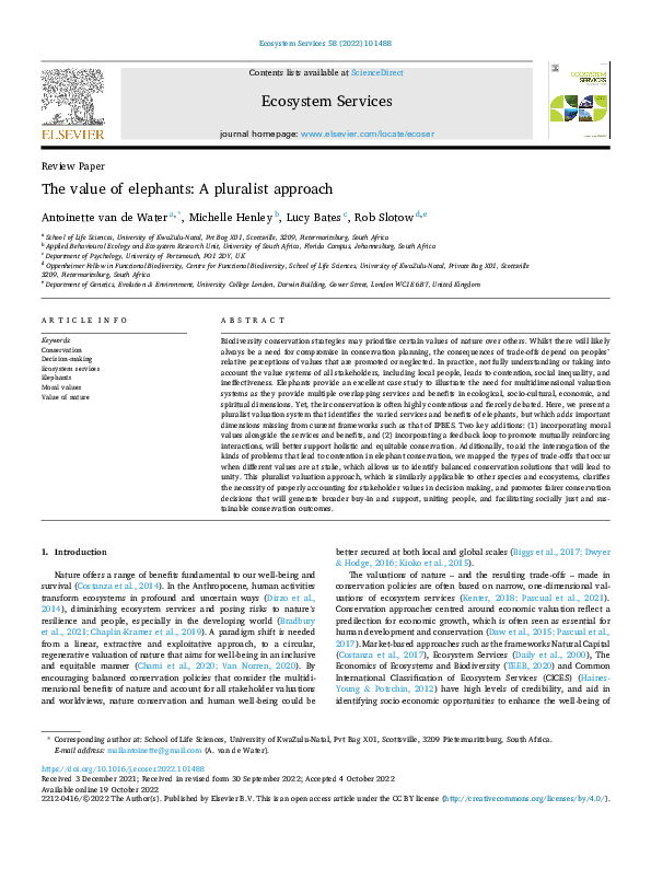 (PDF) The value of elephants: A pluralist approach