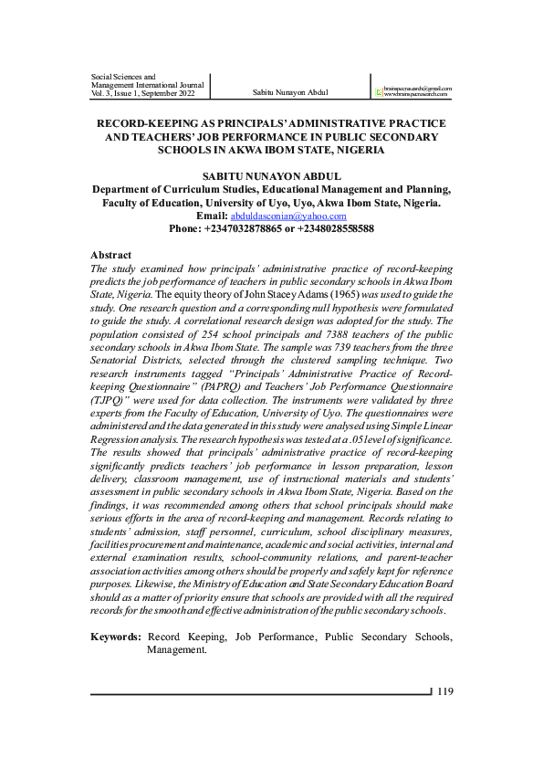(PDF) RECORD-KEEPING AS PRINCIPALS' ADMINISTRATIVE PRACTICE AND TEACHERS' JOB PERFORMANCE IN ...