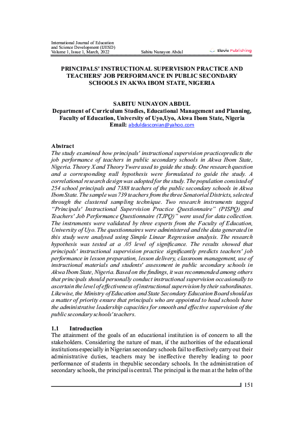 (PDF) PRINCIPALS' INSTRUCTIONAL SUPERVISION PRACTICE AND TEACHERS' JOB PERFORMANCE IN PUBLIC ...