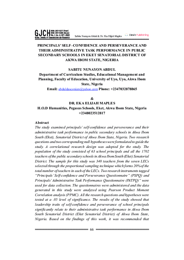 (PDF) PRINCIPALS' SELF-CONFIDENCE AND PERSEVERANCE AND THEIR ADMINISTRATIVE TASK PERFORMANCE IN ...
