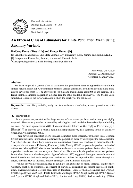 (PDF) An Efficient Class of Estimators for Finite Population Mean Using ...