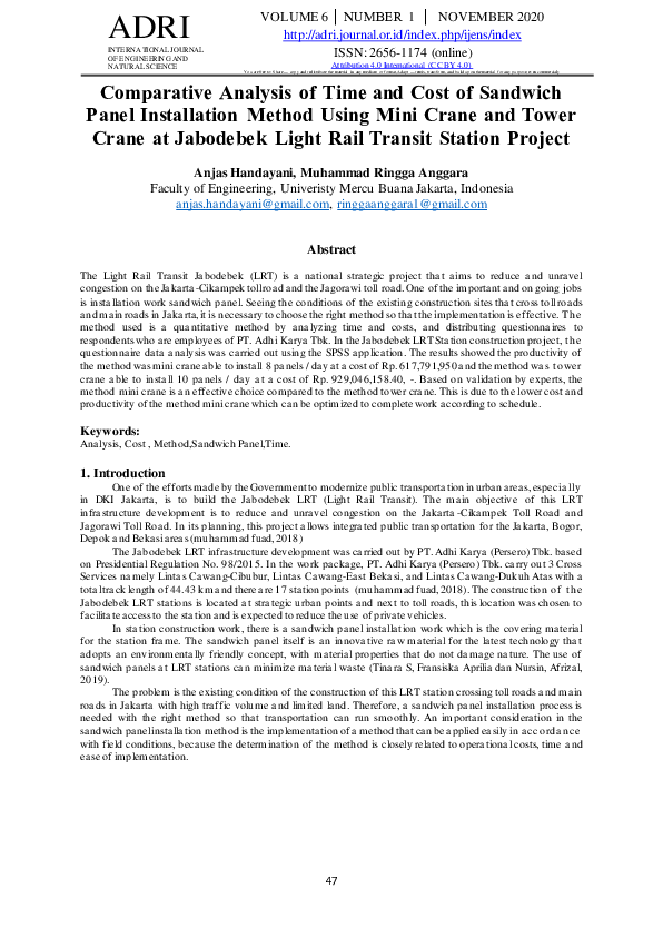 (PDF) Comparative Analysis of Time and Cost of Sandwich Panel Installation Method Using Mini ...
