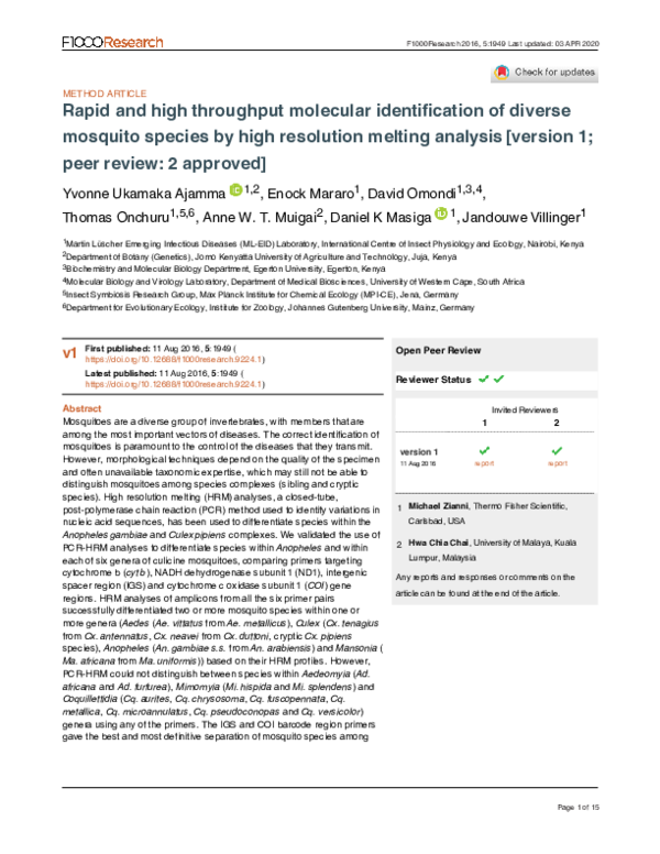 (PDF) Rapid and high throughput molecular identification of diverse mosquito species by high ...