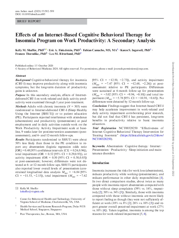 (PDF) Effects of an Internet-Based Cognitive Behavioral Therapy for Insomnia Program on Work ...