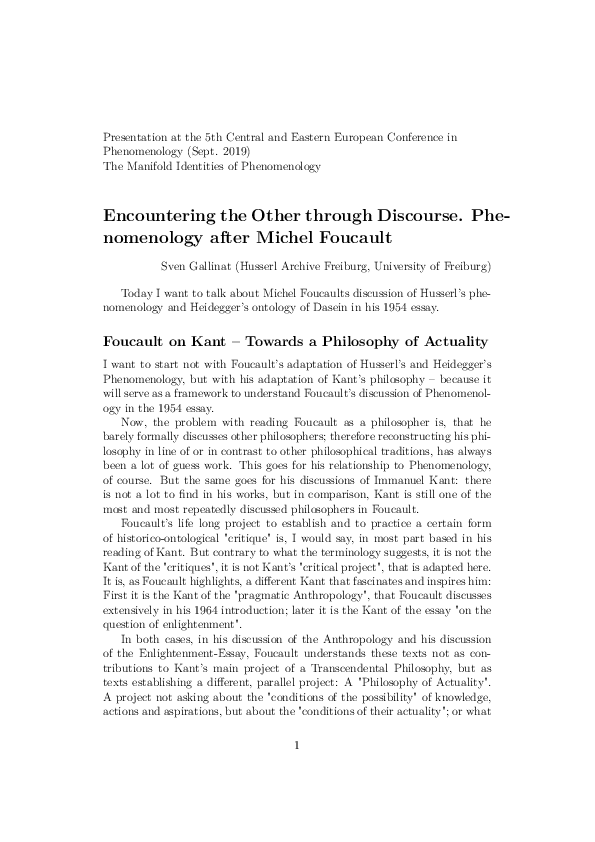 (PDF) Encountering the Other through Discourse. Phenomenology after Michel Foucault