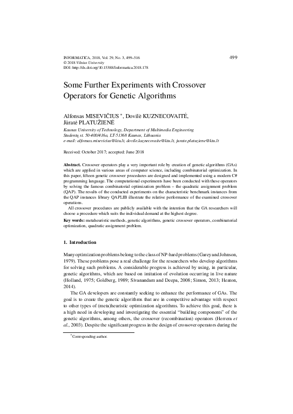 Pdf Some Further Experiments With Crossover Operators For Genetic