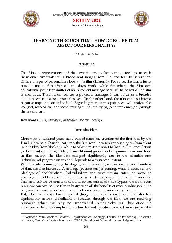 (PDF) LEARNING THROUGH FILM - HOW DOES THE FILM AFFECT OUR PERSONALITY