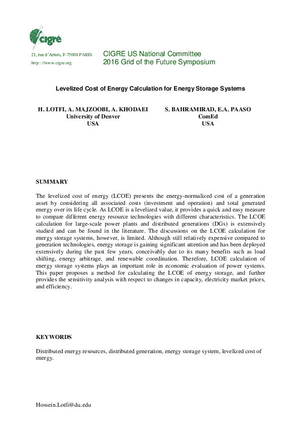(PDF) Levelized Cost of Energy Calculation for Energy Storage Systems