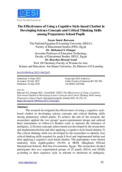 Pdf The Effectiveness Of Using A Cognitive Style Based Chatbot In Developing Science Concepts