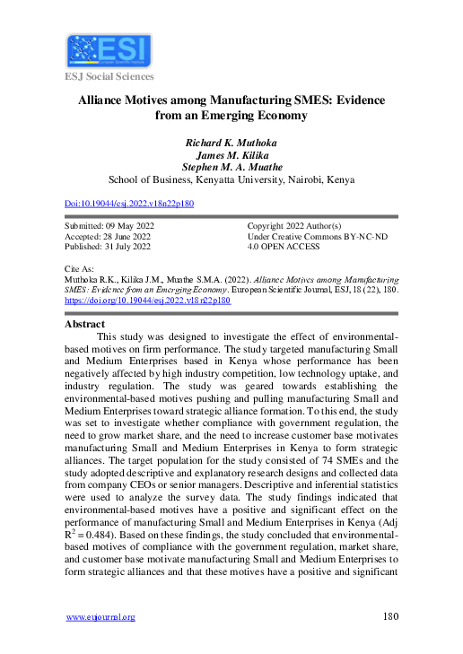 (PDF) Alliance Motives among Manufacturing SMES: Evidence from an ...