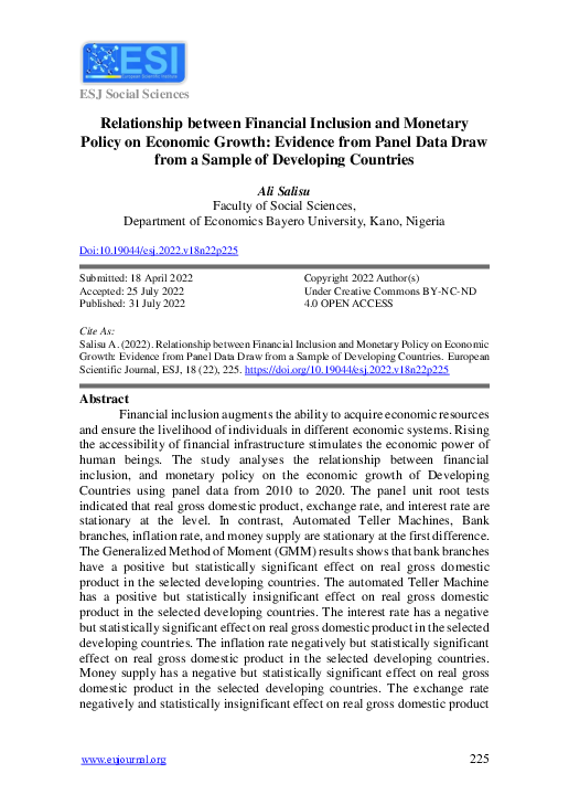 (PDF) Relationship between Financial Inclusion and Monetary Policy on Economic Growth: Evidence ...