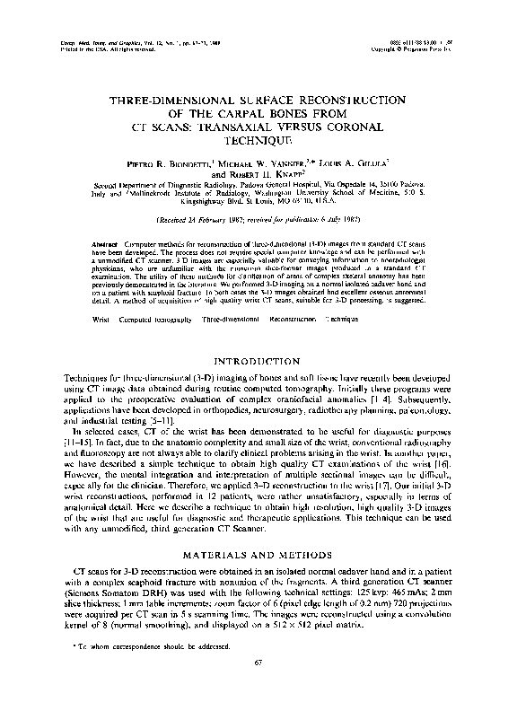 (PDF) Three-dimensional surface reconstruction of the carpal bones from CT scans: Transaxial ...