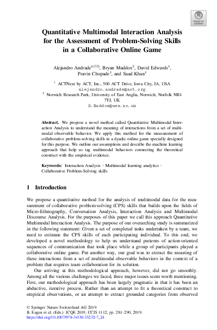 Pdf Quantitative Multimodal Interaction Analysis For The Assessment Of Problem Solving Skills