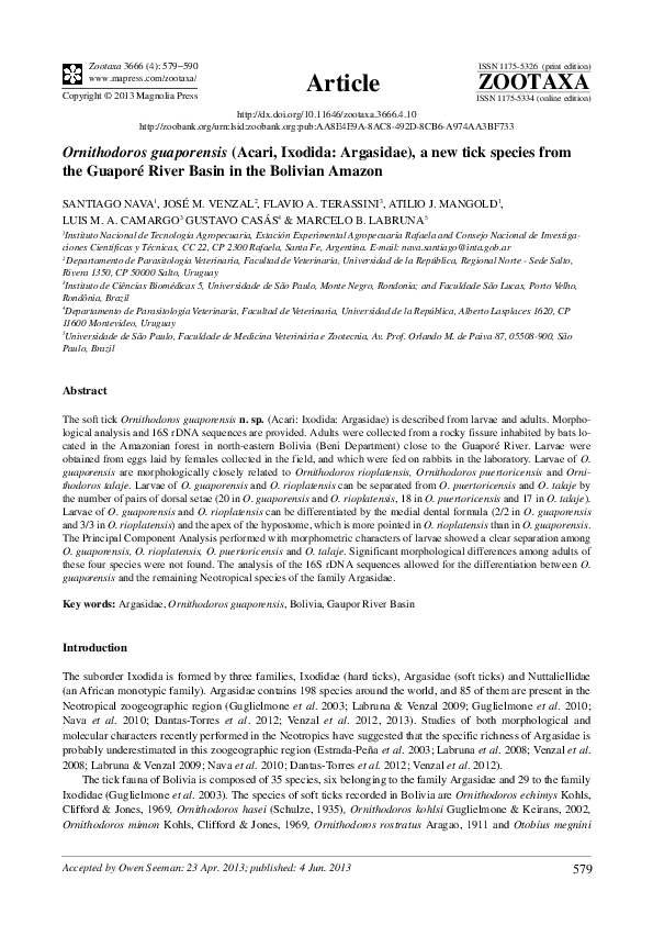 (PDF) Ornithodoros guaporensis (Acari, Ixodida: Argasidae), a new tick ...