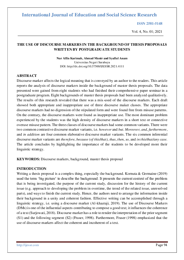 (PDF) The Use of Discourse Markers in the Background of Thesis ...