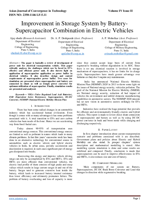 (PDF) Improvement in Storage System by Battery-Supercapacitor Combination in Electric Vehicles