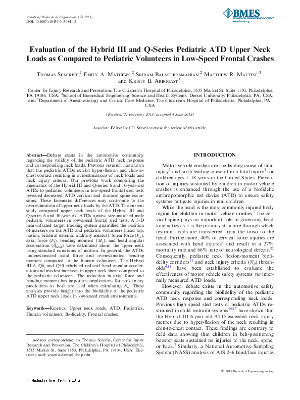 Pdf Evaluation Of The Hybrid Iii And Q Series Pediatric Atd Upper Neck Loads As Compared To