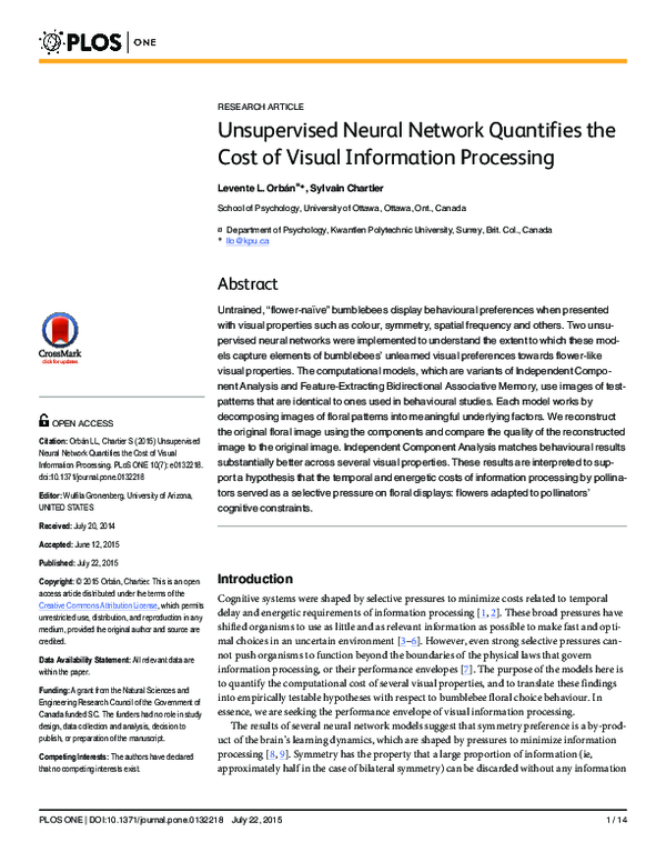 (PDF) Unsupervised Neural Network Quantifies the Cost of Visual Information Processing