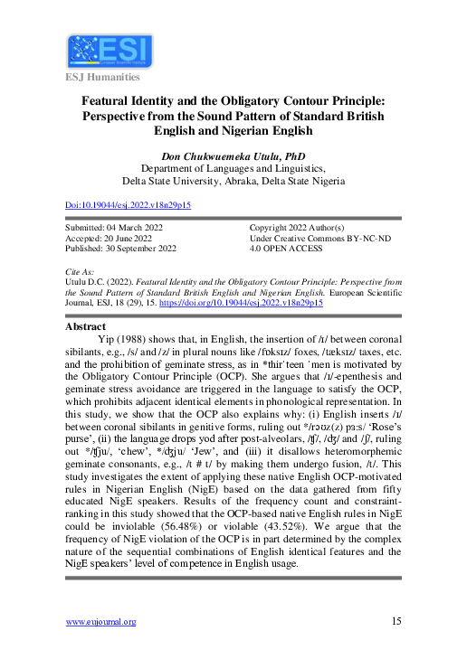 (PDF) Featural Identity and the Obligatory Contour Principle ...