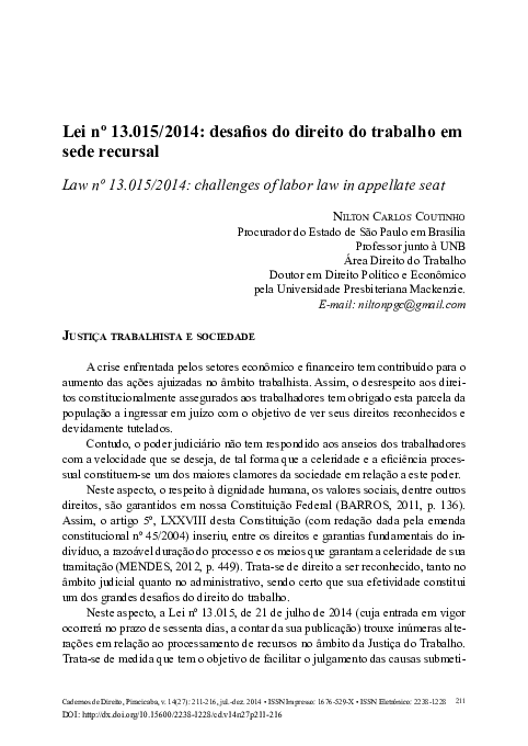 (PDF) Lei nº 13.015/2014: Desafios do Direito do Trabalho em Sede ...