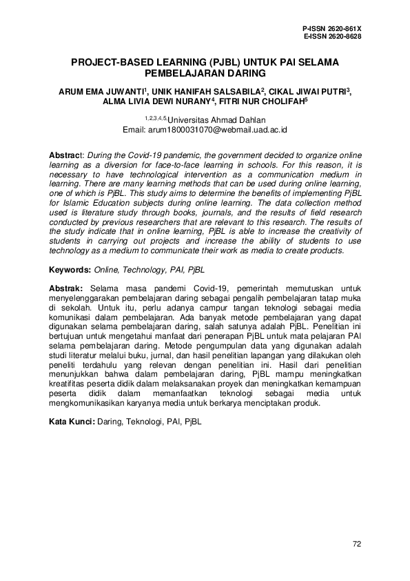 (PDF) PROJECT-BASED LEARNING (PjBL) UNTUK PAI SELAMA PEMBELAJARAN DARING