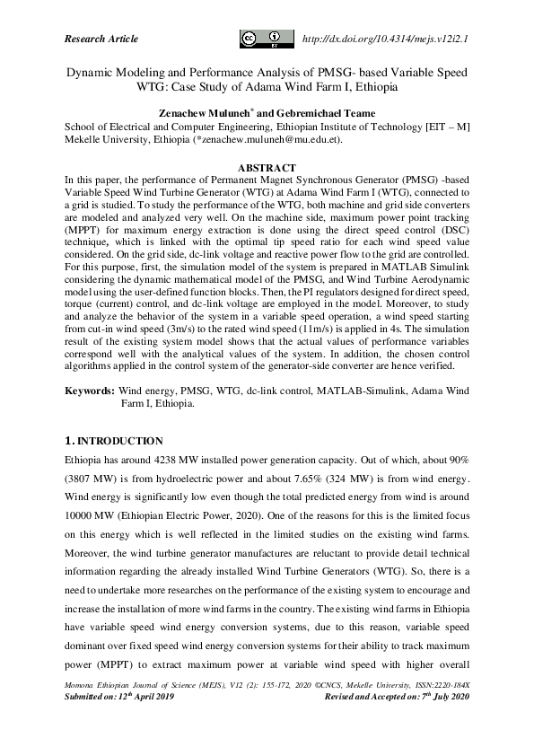 (PDF) Dynamic Modeling and Performance Analysis of PMSG- based Variable Speed WTG: Case Study of ...