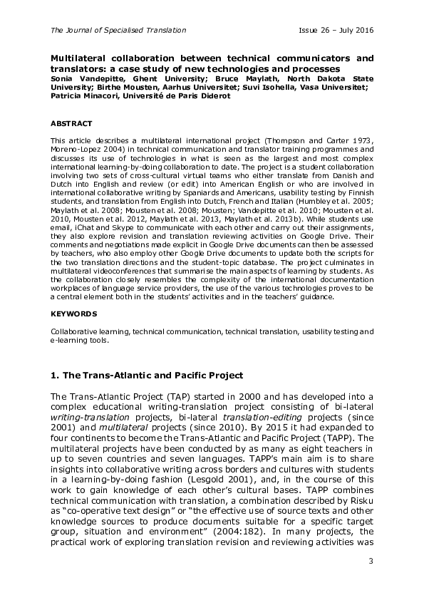 (PDF) Multilateral collaboration between technical communicators and translators : a case study ...