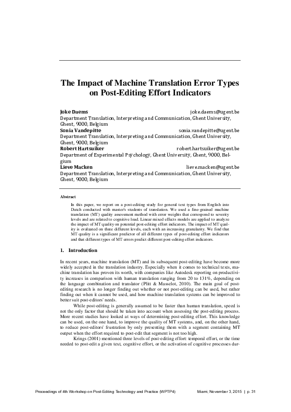 (PDF) The impact of machine translation error types on post-editing ...