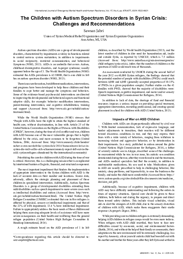 (PDF) The Children with Autism Spectrum Disorders in Syrian Crisis ...