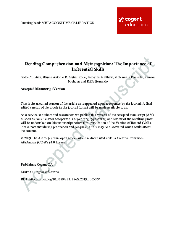 (PDF) Reading comprehension and metacognition: The importance of inferential skills